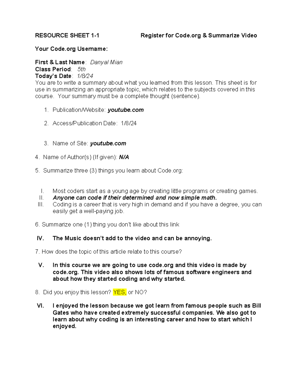 Register for Code org and Summarize v Vdeo - RESOURCE SHEET 1-1 ...