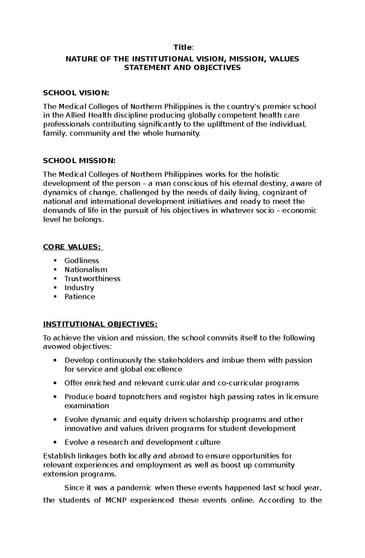 Act. 1 - activity on HIS Subject - Title: NATURE OF THE INSTITUTIONAL ...