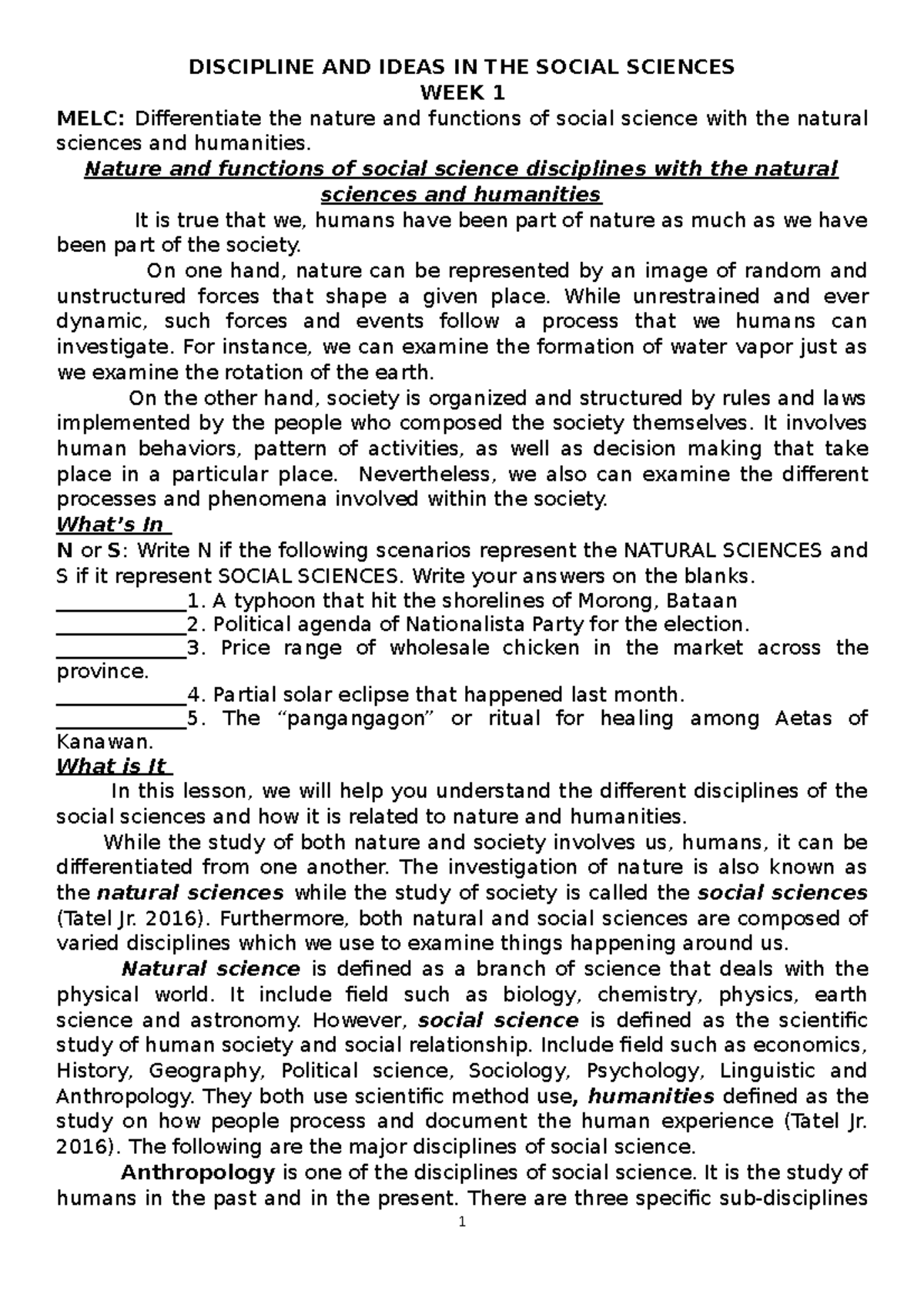 DISS Q1 - LAS WEEK 1-8 Checked - DISCIPLINE AND IDEAS IN THE SOCIAL ...