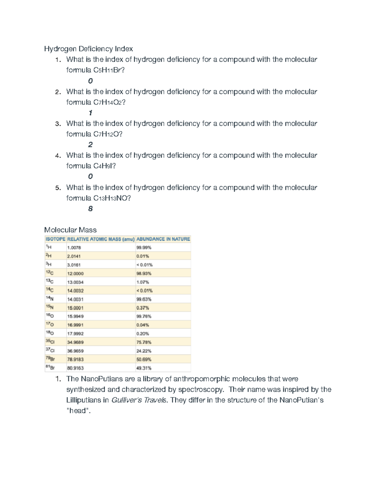 Mass Spectrometry Questions - Hydrogen Deficiency Index 1. What is the ...