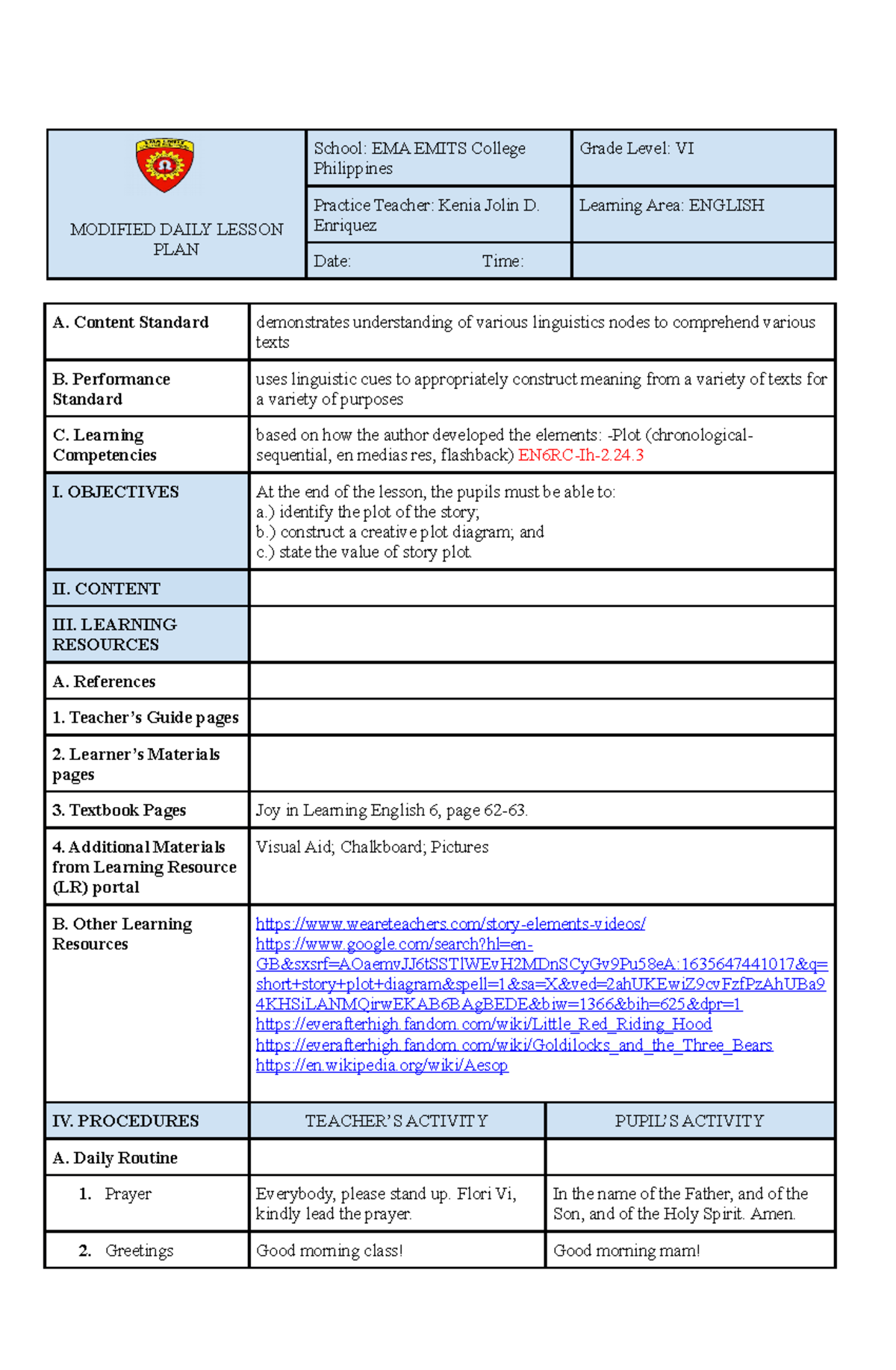 MDLP3 short story plot - MODIFIED DAILY LESSON PLAN School: EMA EMITS ...