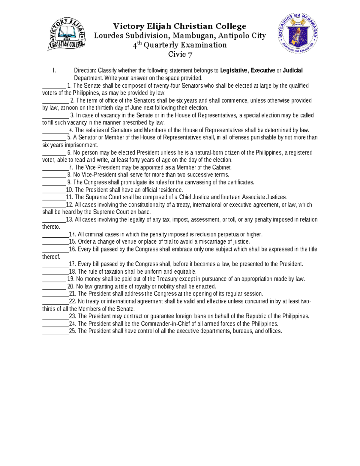 Civic Exam Grade 7 - Lourdes Subdivision, Mambugan, Antipolo City 4 th ...