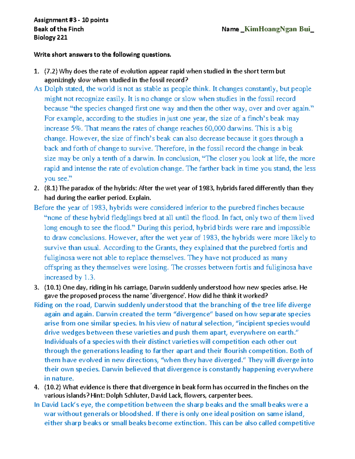 Biol 221 Beak 3 - Biol 221 - Prof. Mark Smith Reading book “Beak of the ...