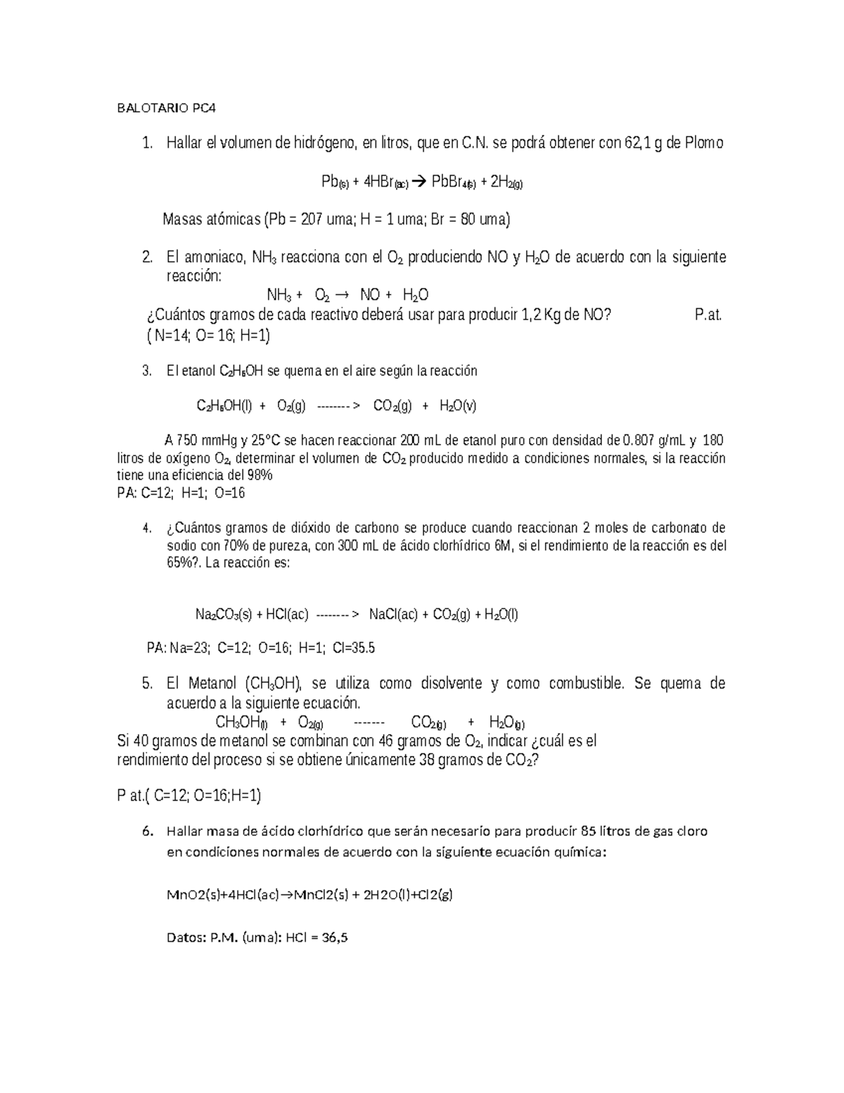 Balotario PC4 2024 - Ejercicios - BALOTARIO PC 1. Hallar el volumen de hidrógeno, en litros, que ...