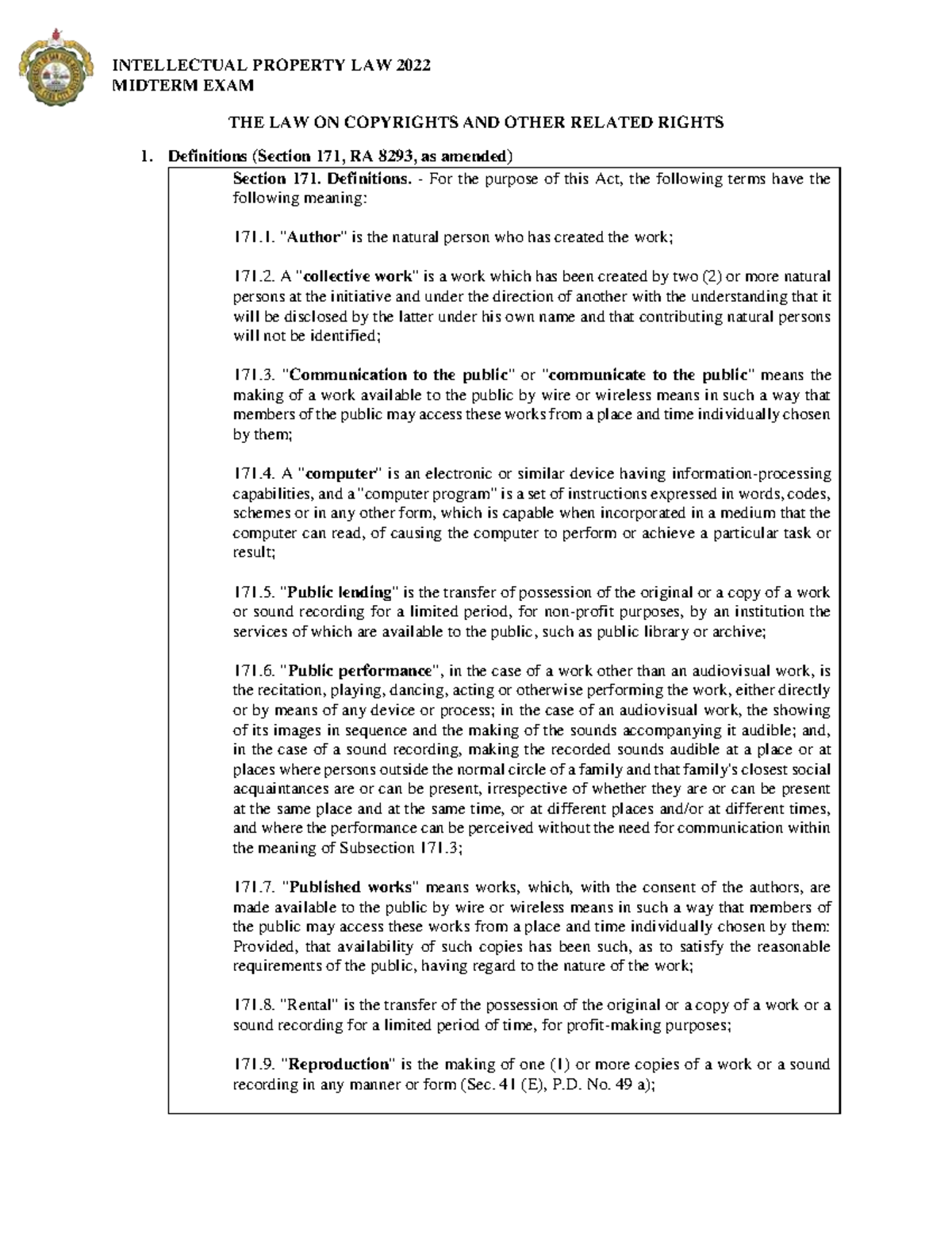 THE LAW ON Copyrights AND Other Related Rights - Notes - MIDTERM EXAM ...