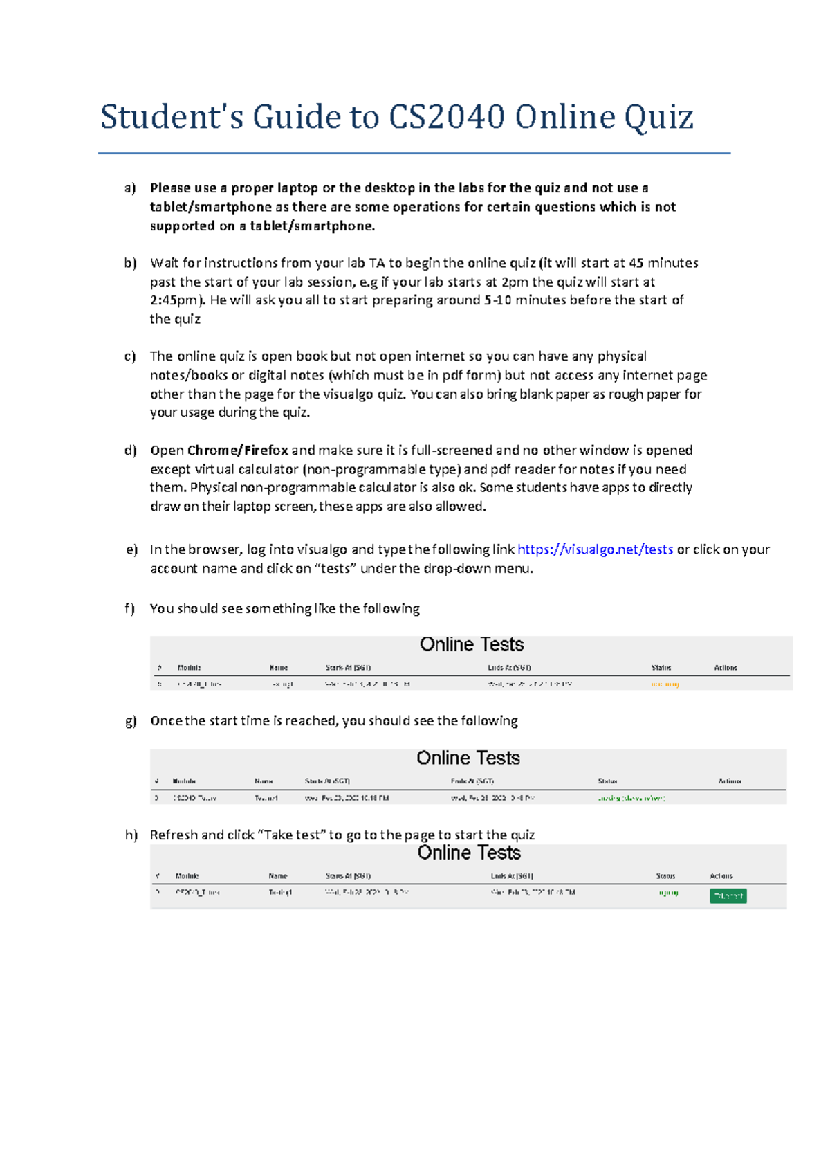 Student's Guide to CS2040 Online Quiz - b) Wait for instructions from your lab TA to begin the ...