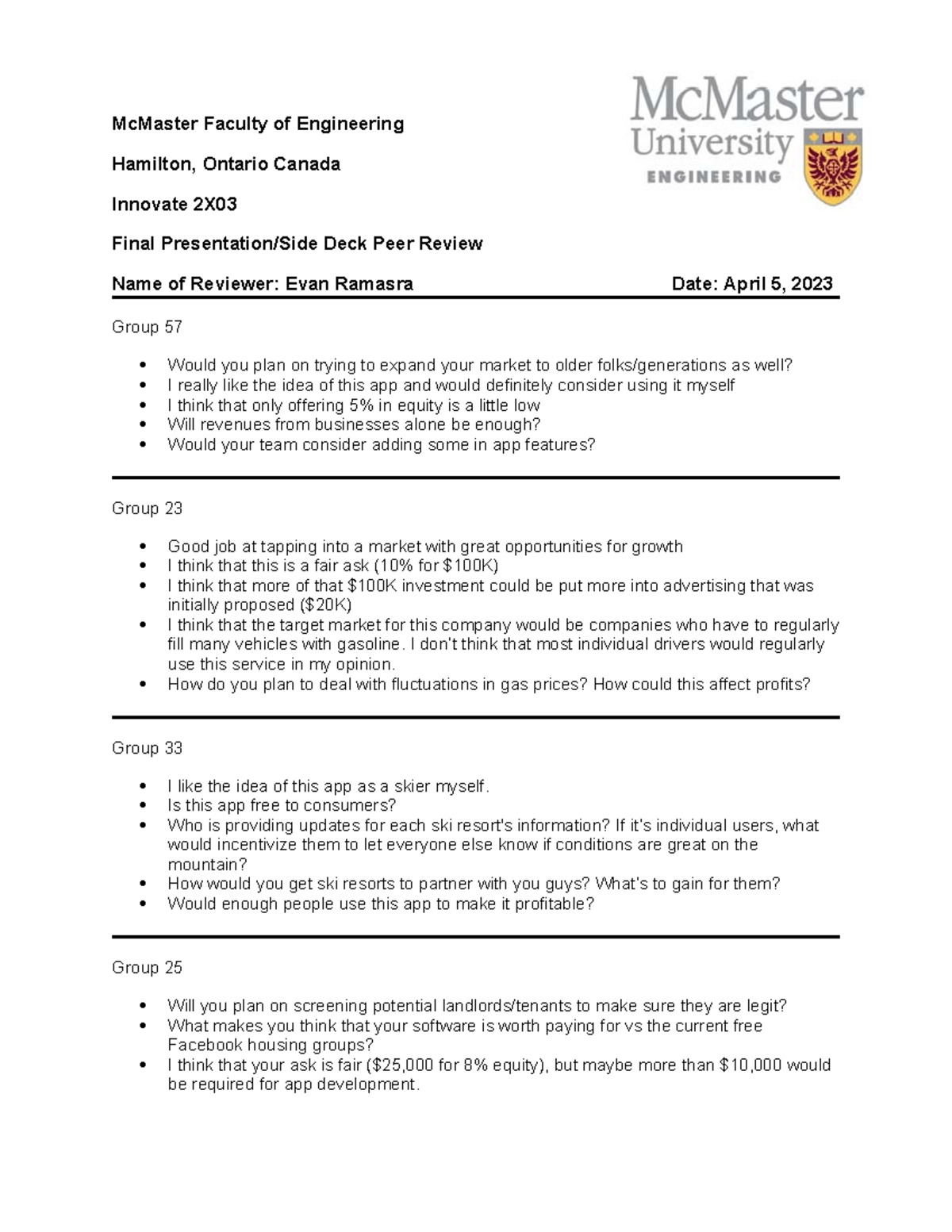 2X03 Presentation Peer Review - McMaster Faculty of Engineering ...