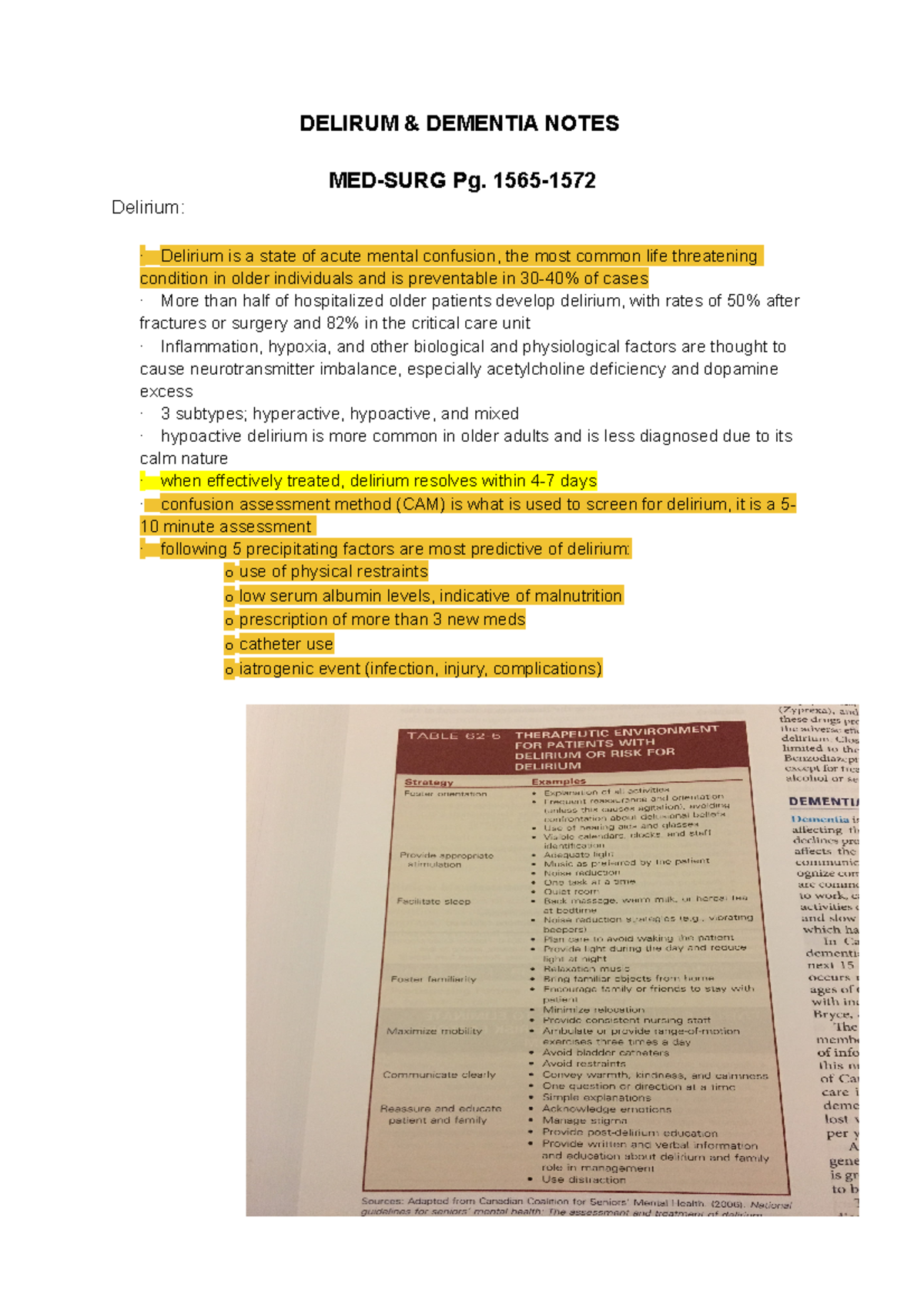 Med Surg Readings- Delirium and Dementia - DELIRUM & DEMENTIA NOTES MED ...