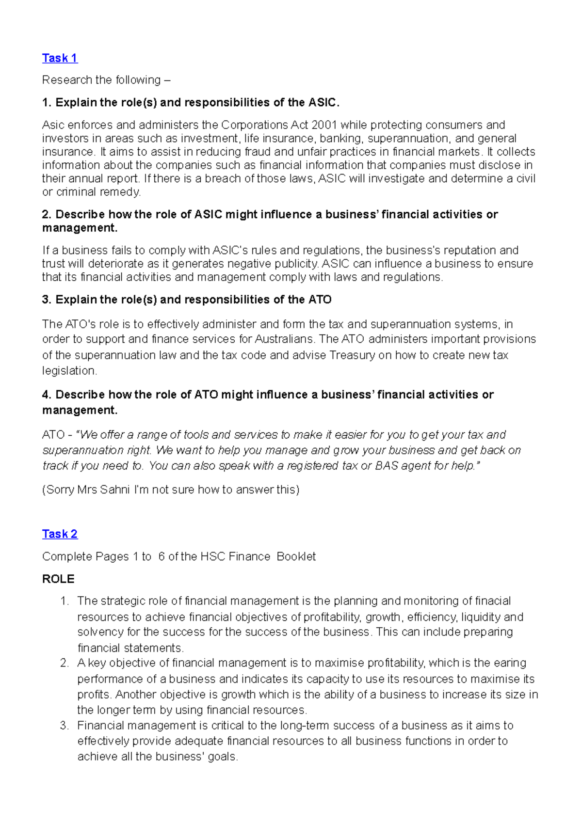 Role of ASIC and HSC practice questions - Task 1 Research the following ...