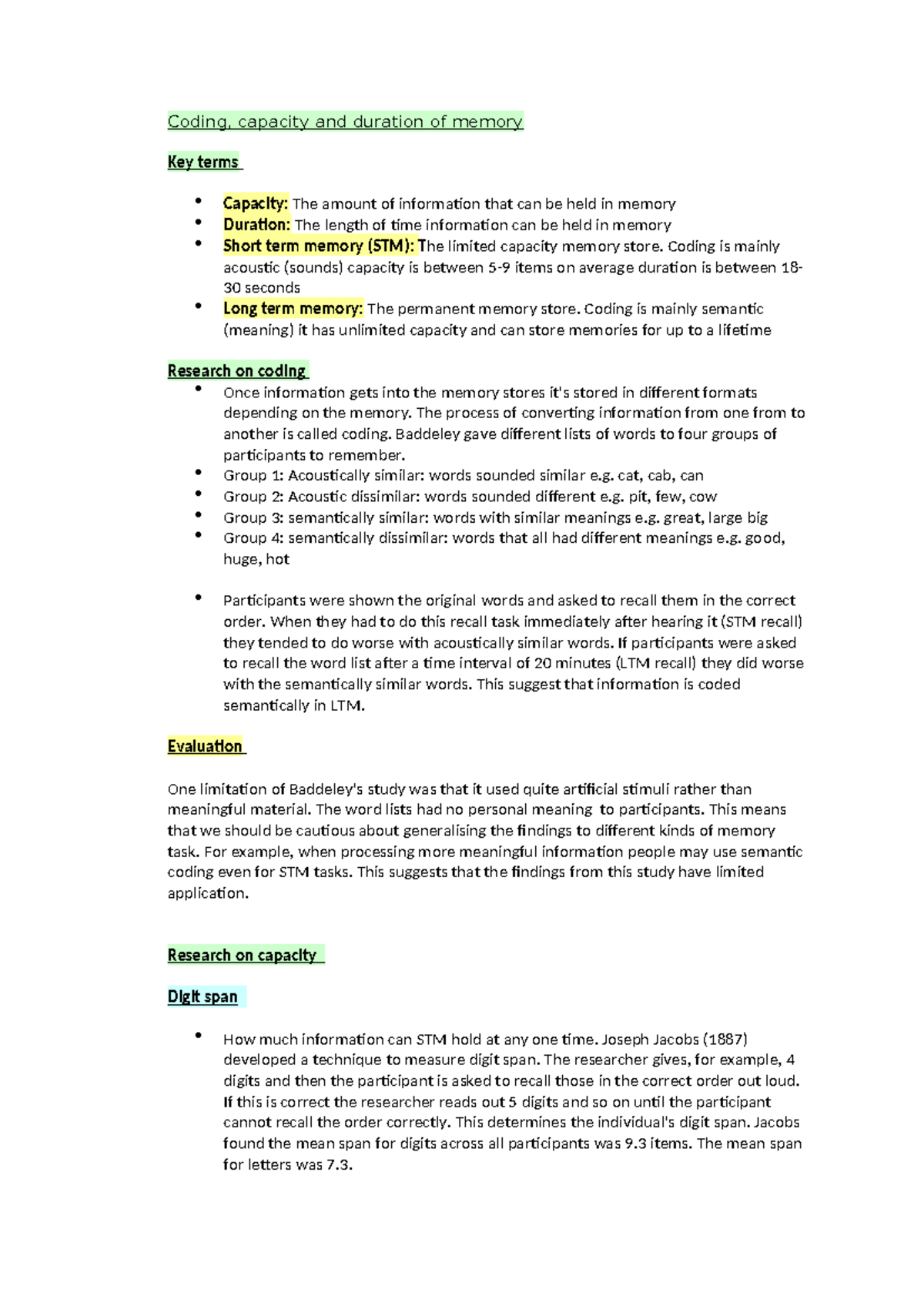 Memory notes - Coding, capacity and duration of memory Key terms ...