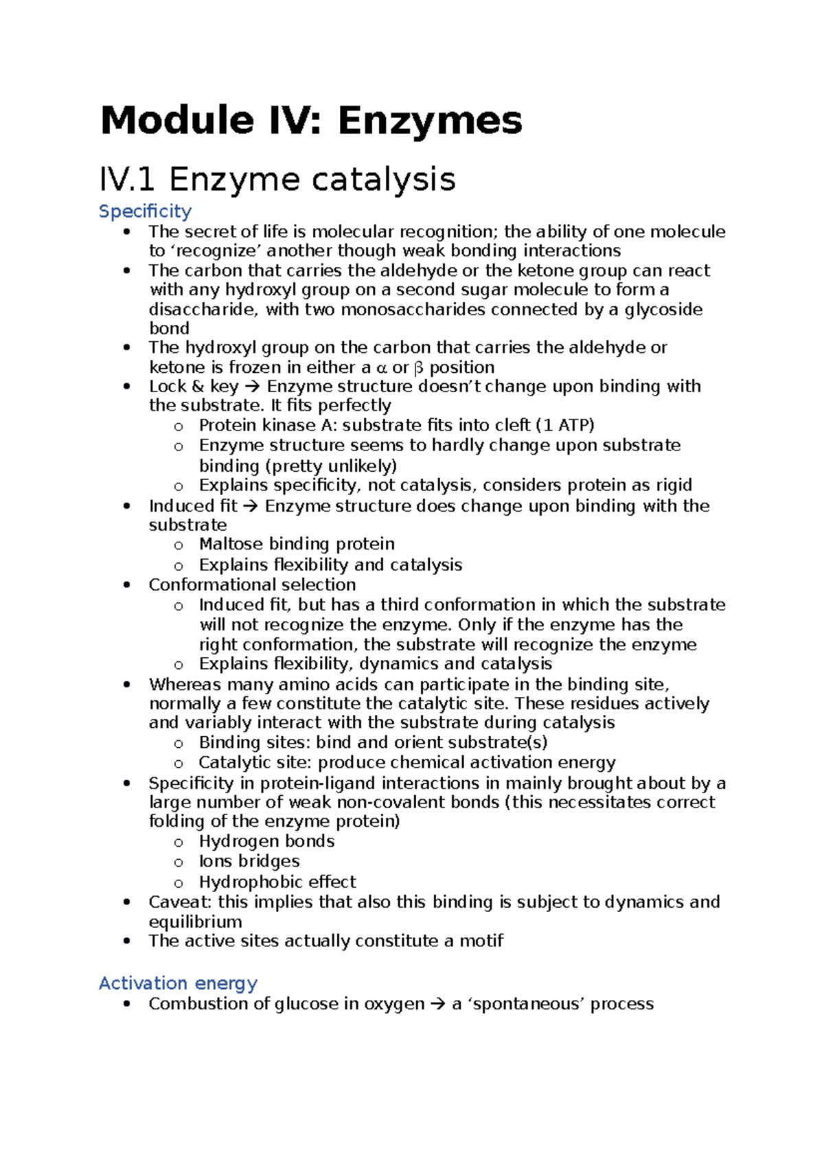 Module IV Enzymes - Module IV: Enzymes IV Enzyme catalysis Specificity ...