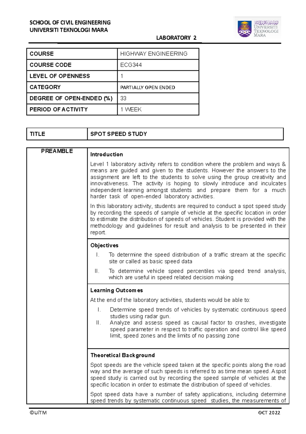 LAB 1- Spot Speed Study OEL1 - SCHOOL OF CIVIL ENGINEERING UNIVERSITI ...