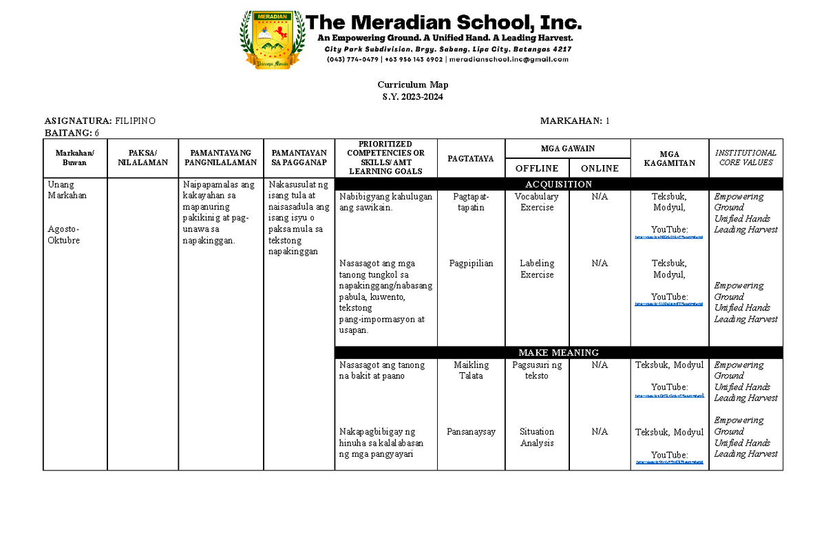 Curriculum Map Fil 6 - 1st Quarter - Curriculum Map S. 2023- 2024 ASIGNATURA: FILIPINO MARKAHAN ...