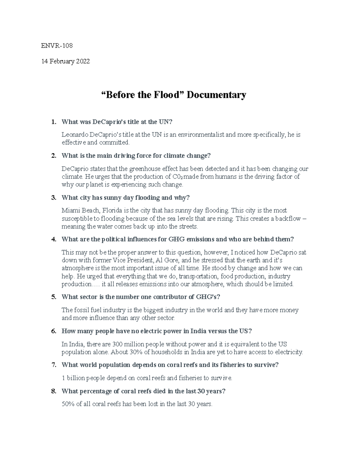 Before the Flood Documentary - ENVR- 14 February 2022 “Before the Flood ...