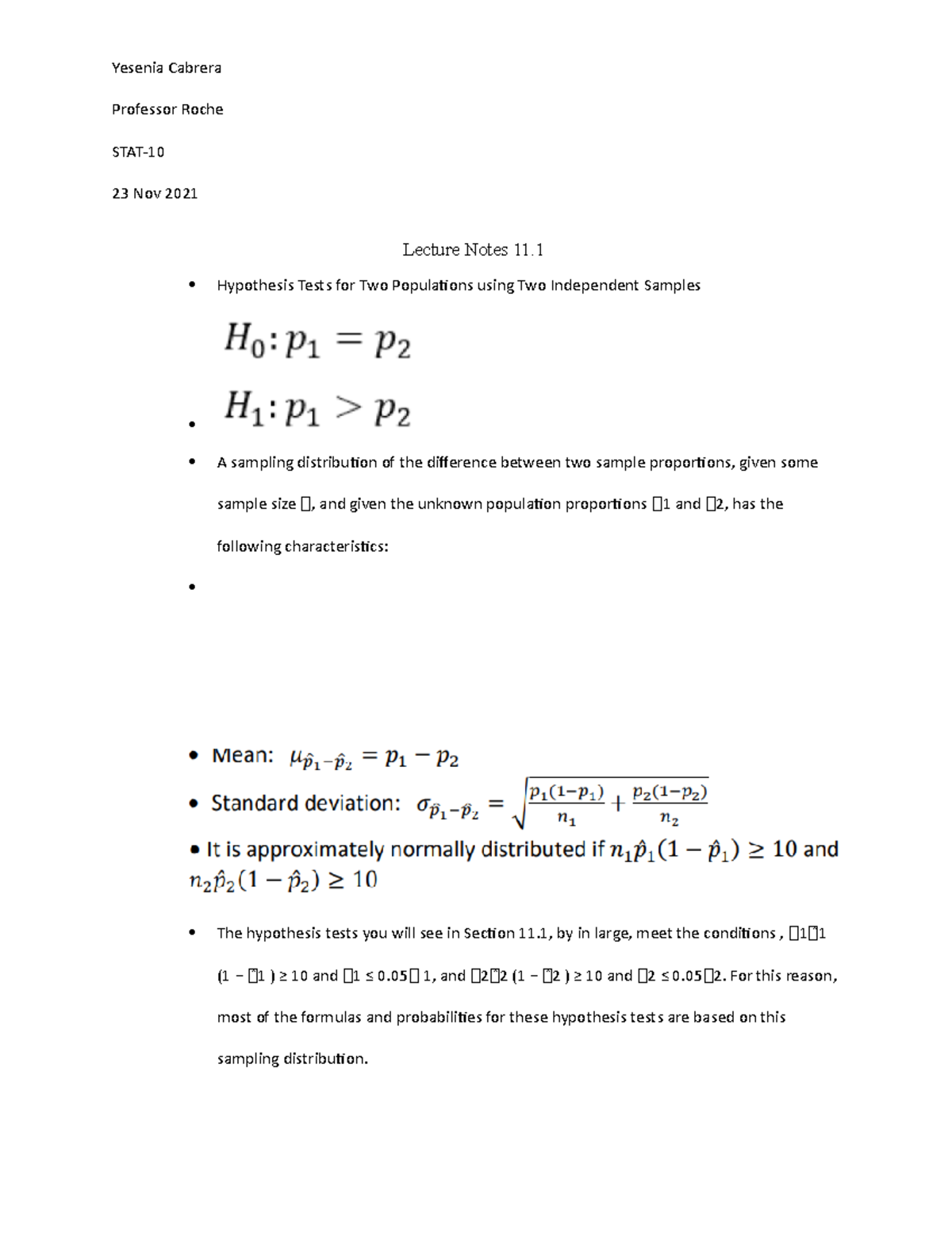 Lecture Notes Sect - Yesenia Cabrera Professor Roche STAT- 23 Nov 2021 ...
