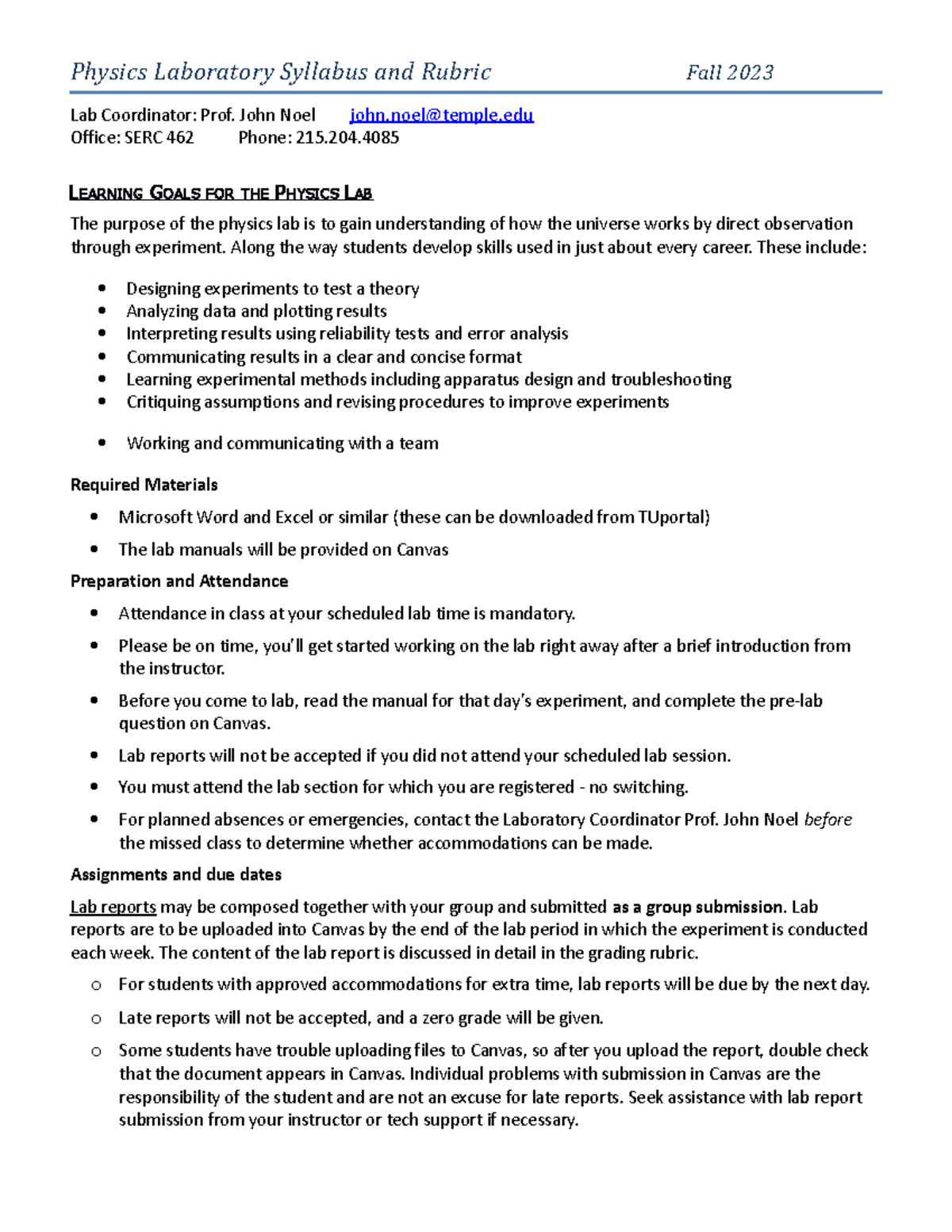 PHYS Lab Syllabus and Rubric Fall 2023 - Physics Laboratory Syllabus ...