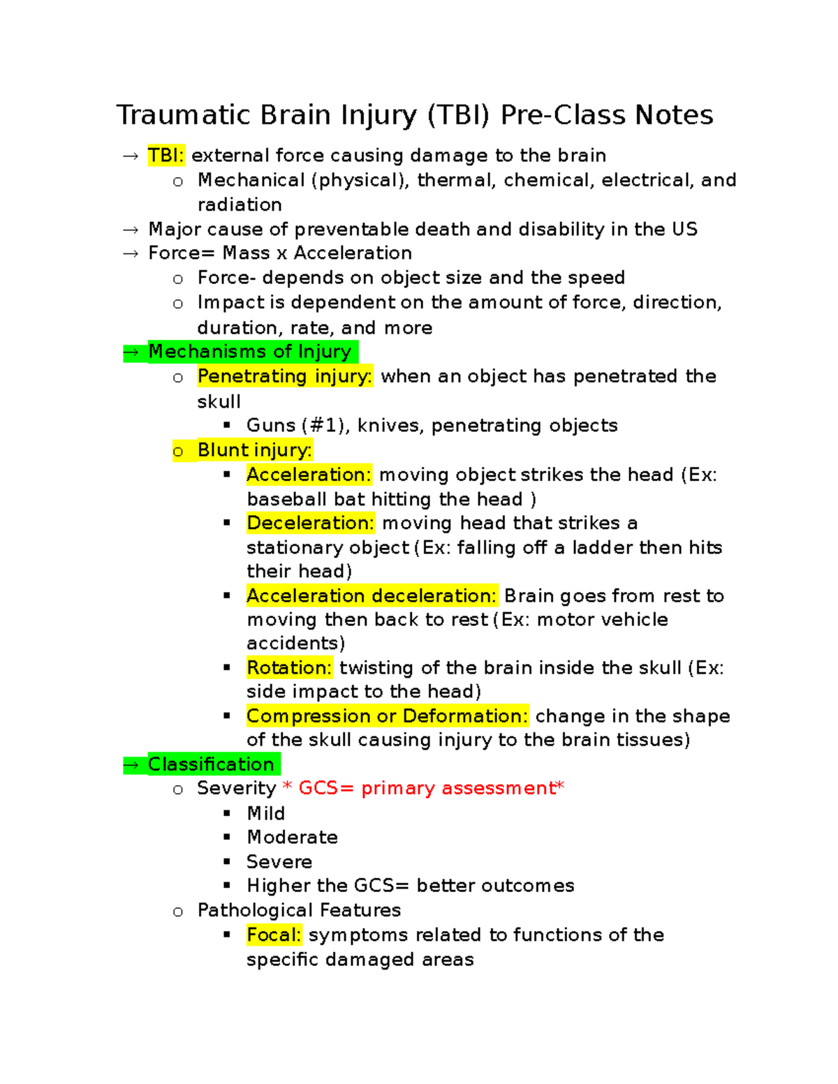 Traumatic Brain Injury Pre Lecture Notes - Traumatic Brain Injury (TBI ...