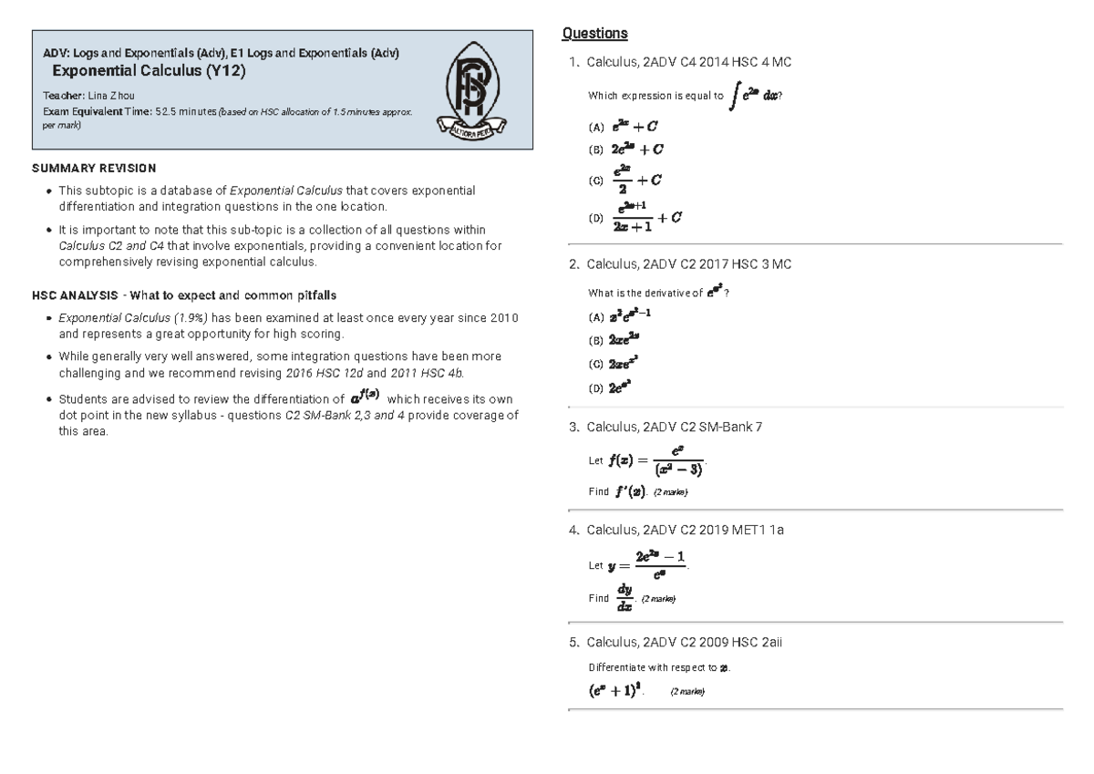 3. Exponential Calculus (YR 12) - ADV: Logs and Exponentials (Adv), E1 Logs and Exponentials ...