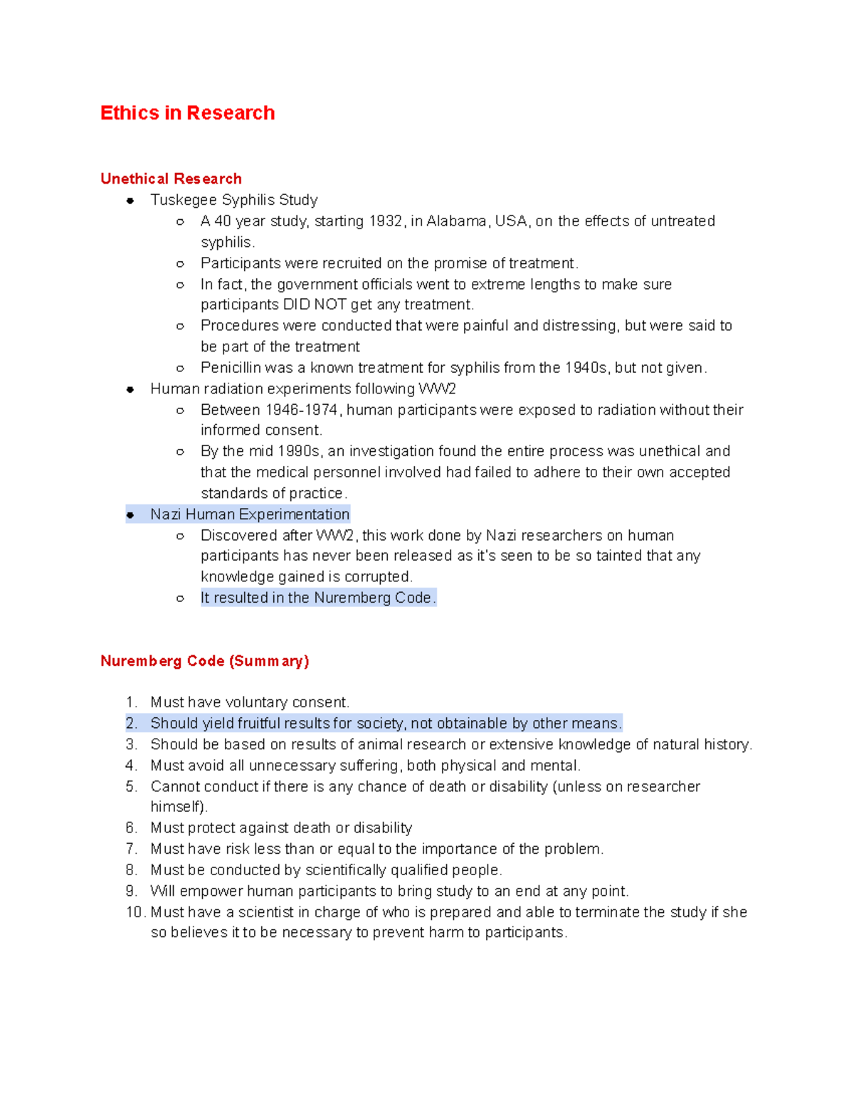 Ethics in Research PSY1104 - Ethics in Research Unethical Research ...
