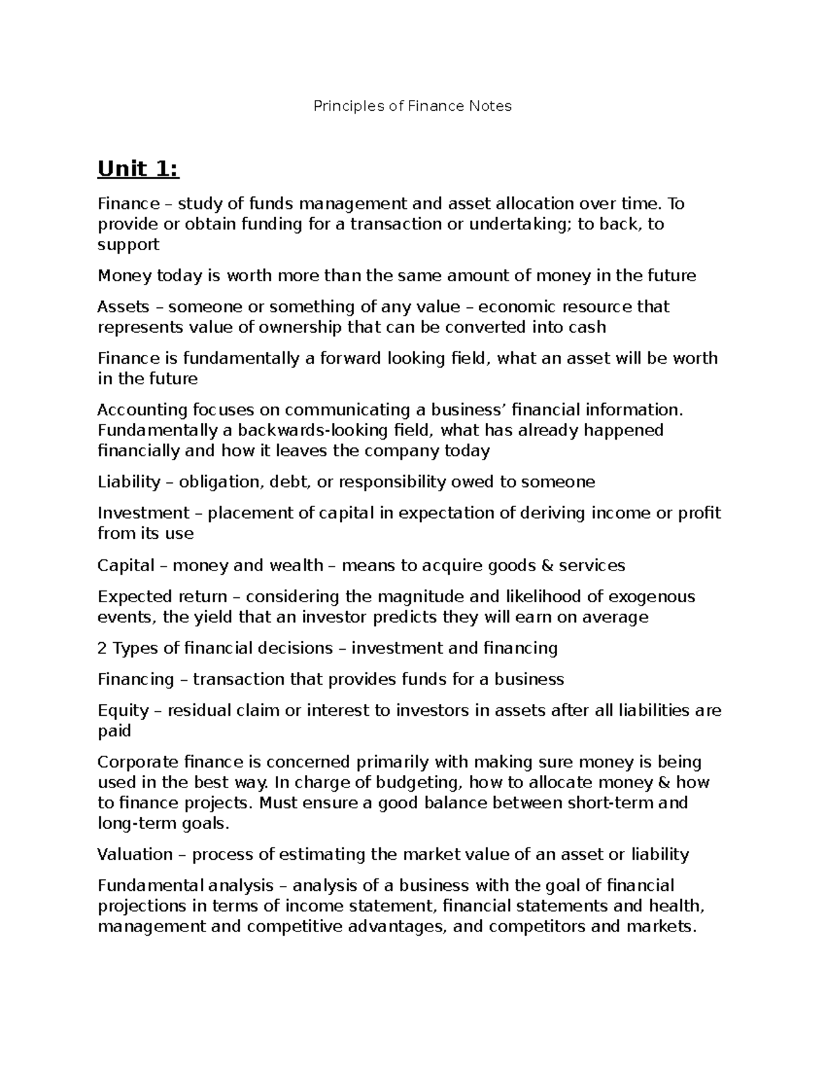 Principles of Finance Notes - To provide or obtain funding for a ...