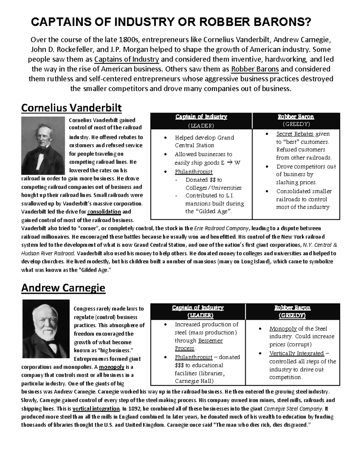 315L 1 - n/a - CAPTAINS OF INDUSTRY OR ROBBER BARONS? Over the course ...