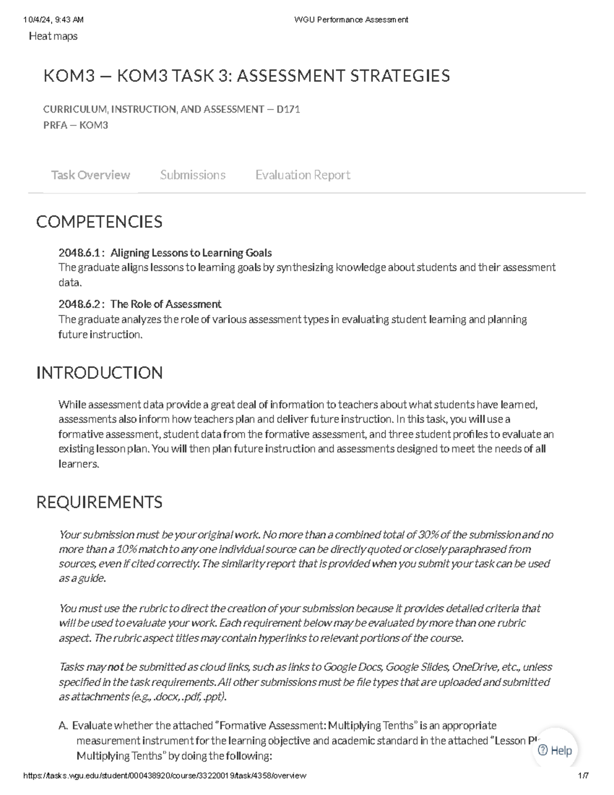 D171 Task 3 Instructions - Heat maps KOM3 — KOM3 TASK 3: ASSESSMENT STRATEGIES CURRICULUM, - Studocu