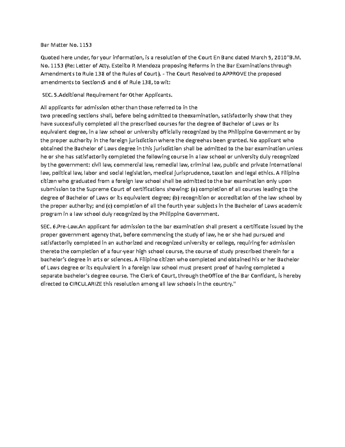 Bar Matter No. 1153 - none - Bar Matter No. 1153 Quoted here under, for ...