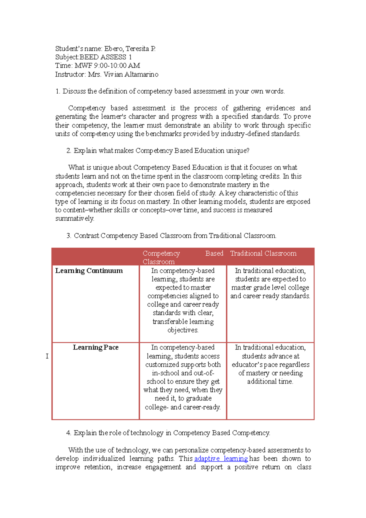 Assignment 1 in BEED ASSESSMENT 1 (Definition of CBE) - Student’s name ...