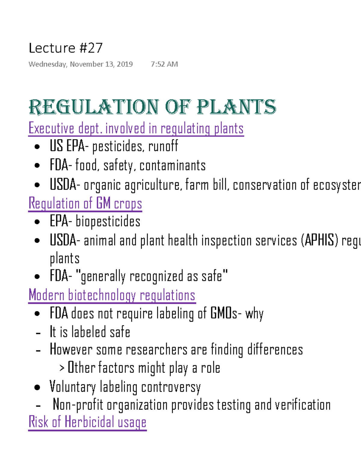 Plant Bio 103 Lecture 27 - REGULATION OF PLANTS Executive dept ...