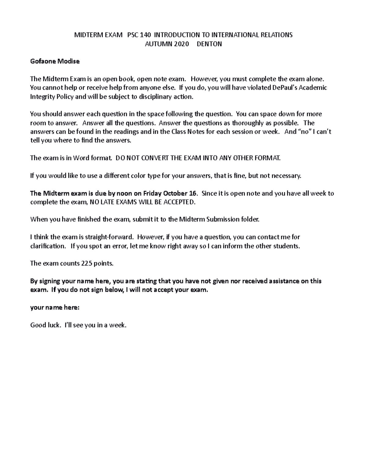 PSC 140 Mid-Term - Mid-term exam - MIDTERM EXAM PSC 140 INTRODUCTION TO ...