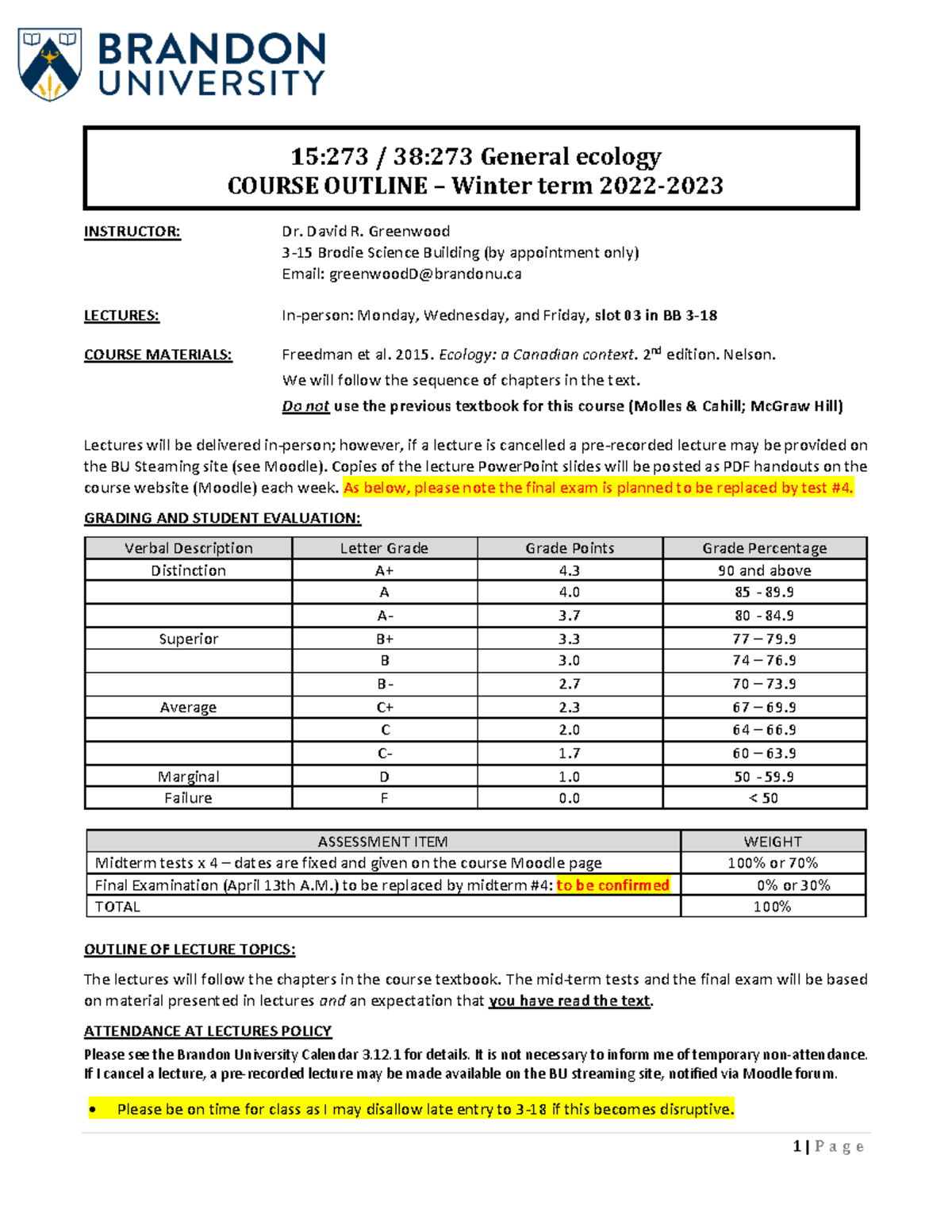 15.273 General Ecology - Syllabus 2022-2023 - 1 | P a g e 15:273 / 38: ...