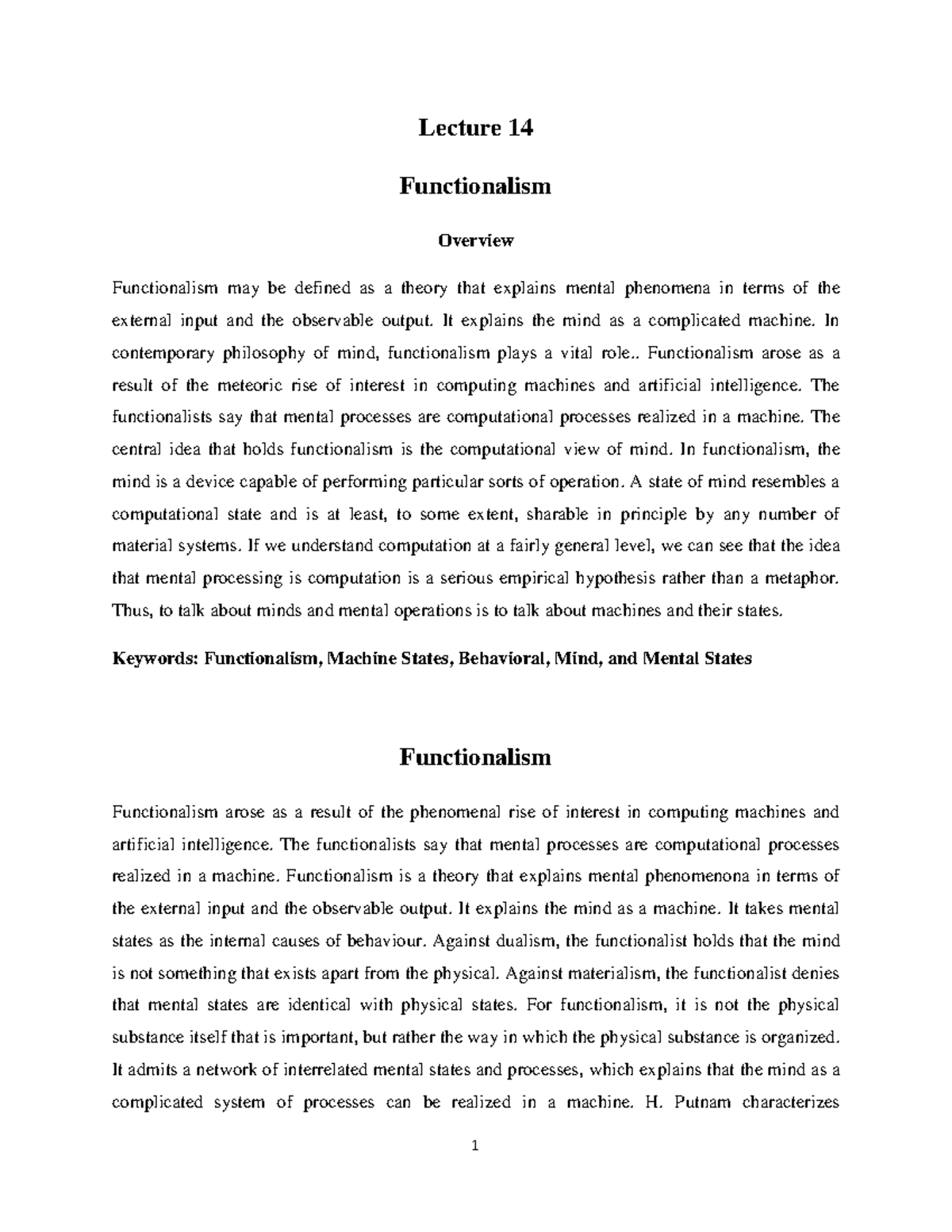 Functionalism_philosophy of mind 5th sem - Lecture 14 Functionalism ...