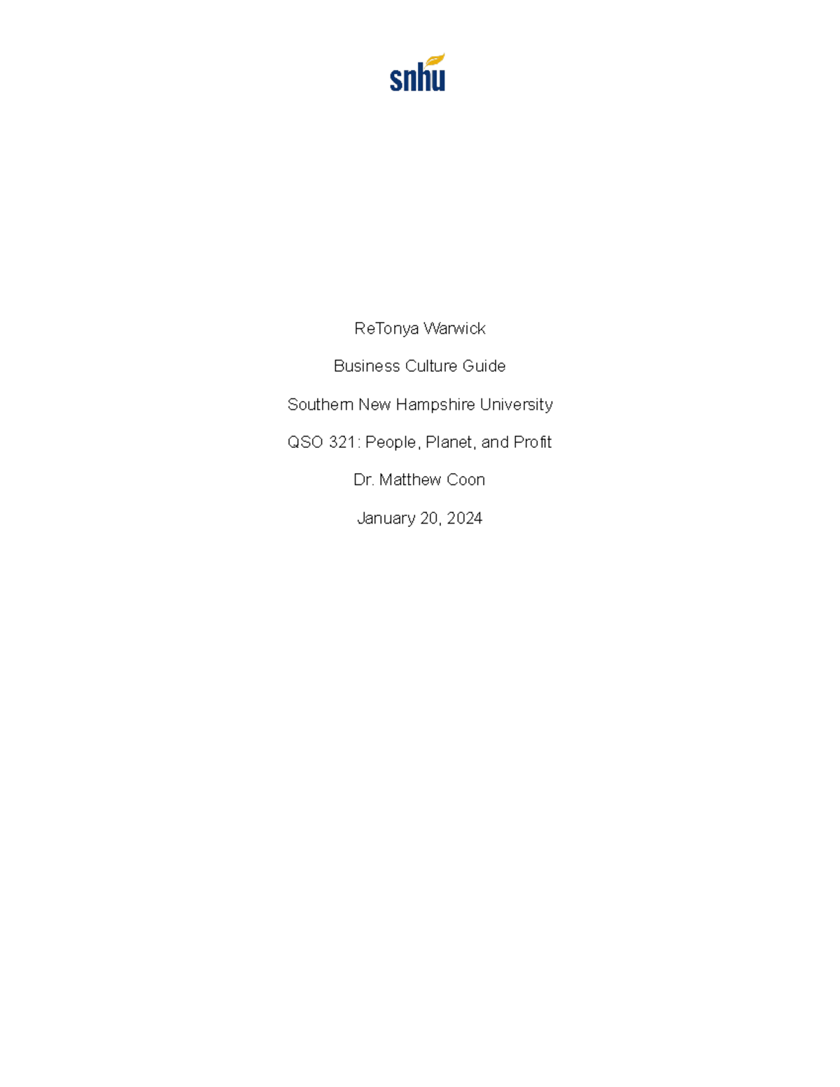 QSO 321 Module Two Assignment - ReTonya Warwick Business Culture Guide ...