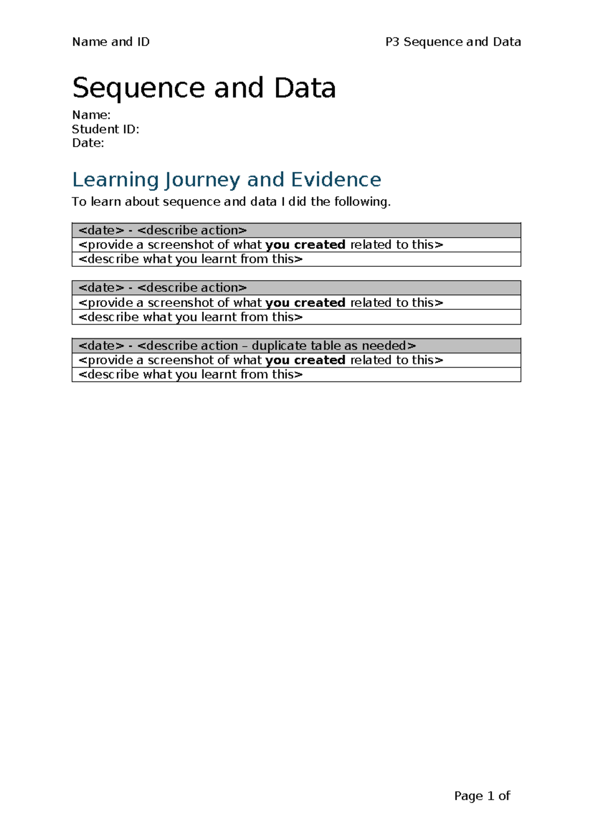 SIT102 Template P3-1 - For Practice - Name and ID P3 Sequence and Data ...