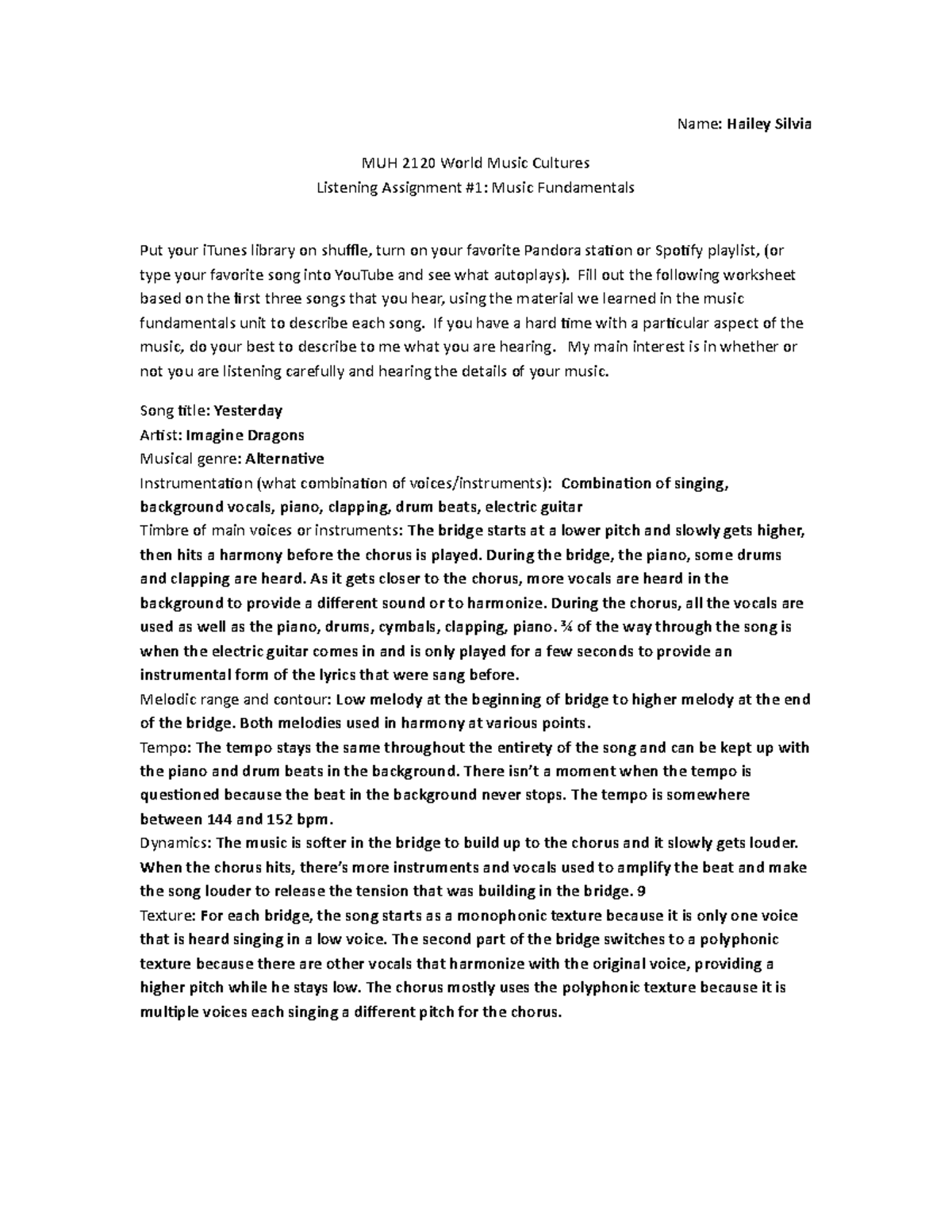 Listening assignment 1 - Name: Hailey Silvia MUH 2120 World Music ...