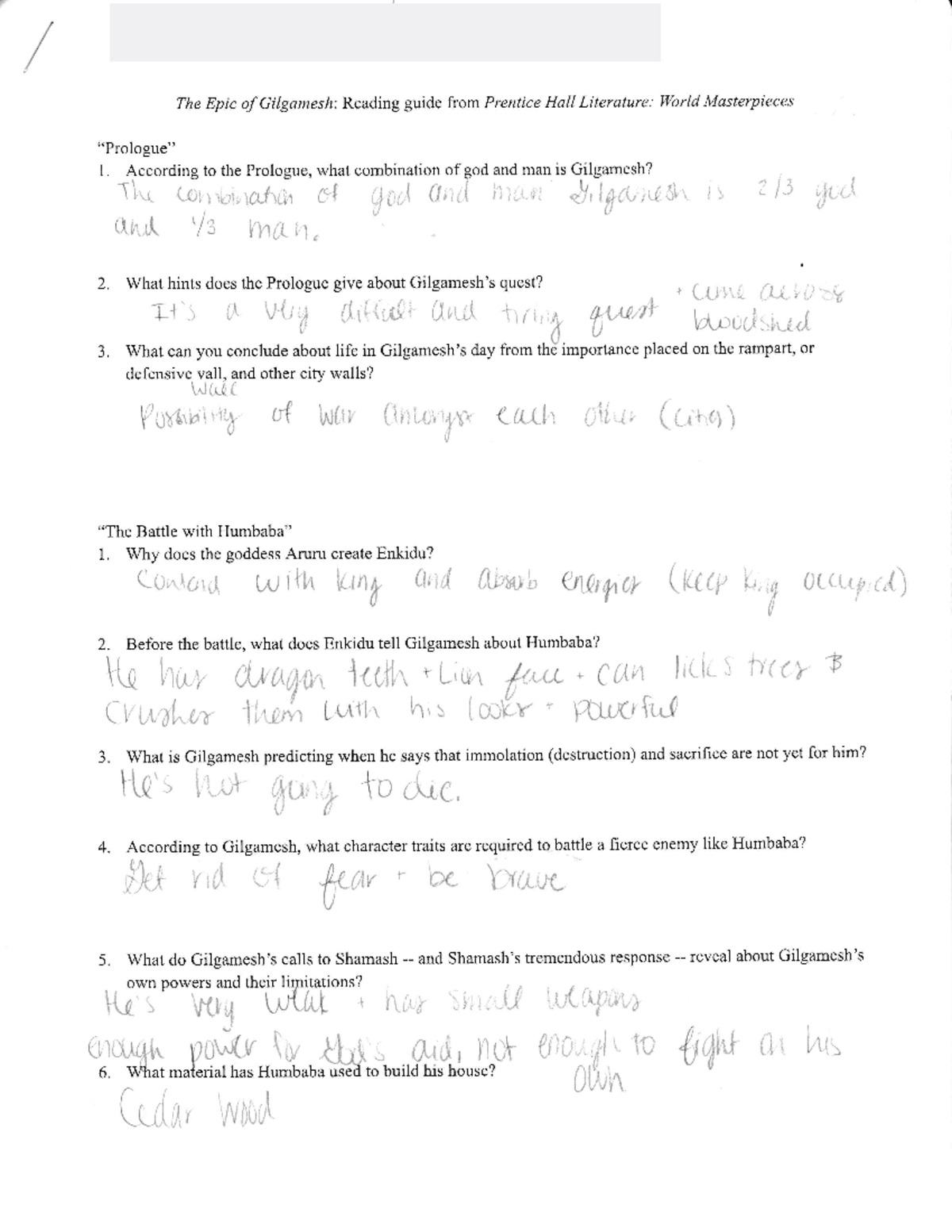 The Epic of Gilgamesh- Reading Guide - Ki,r g({d,,., alasl'z PR (2A The ...