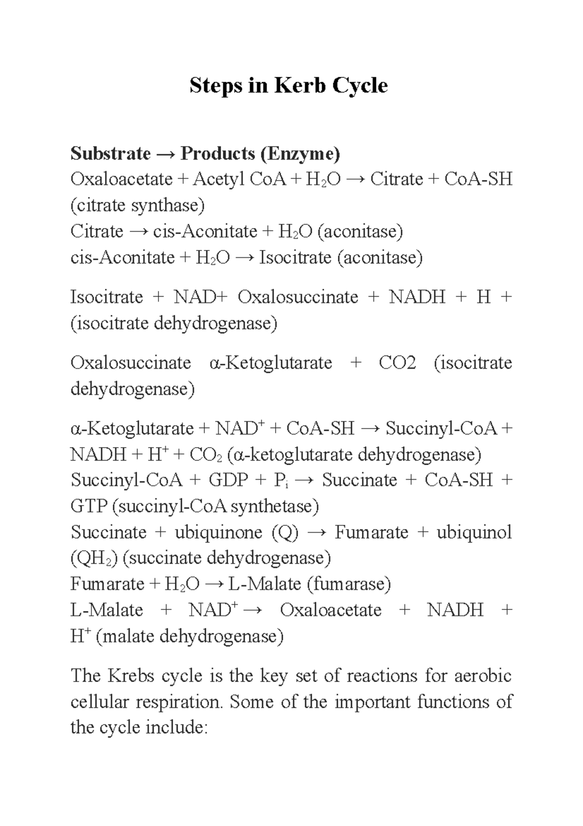 Steps in Kerb Cycle - Steps in Kerb Cycle Substrate → Products (Enzyme ...