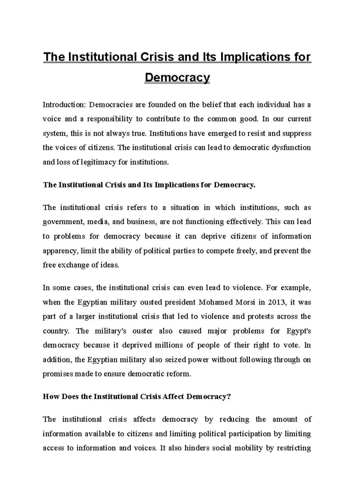 The Institutional Crisis and Its Implications for Democracy - The ...