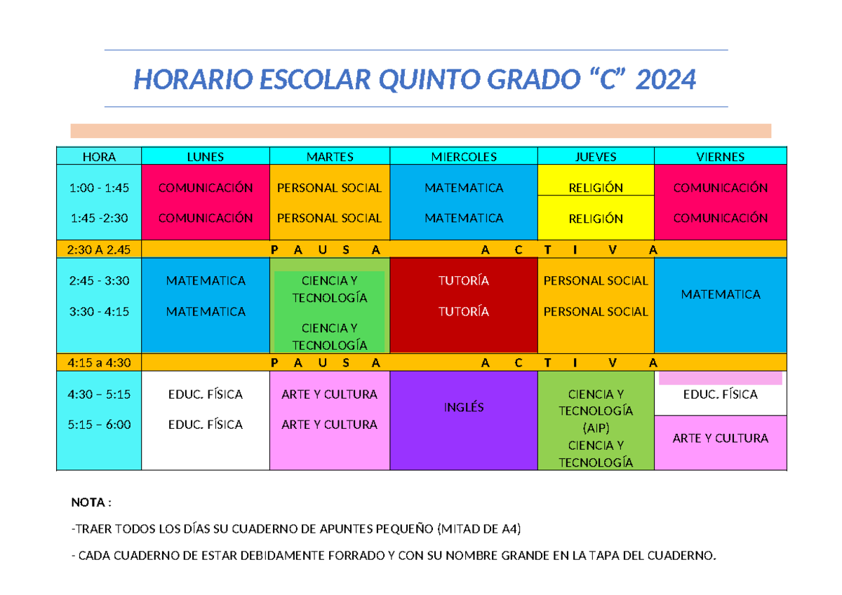Horario Escolar Quinto Grado 2023 Horario Escolar Quinto Grado C
