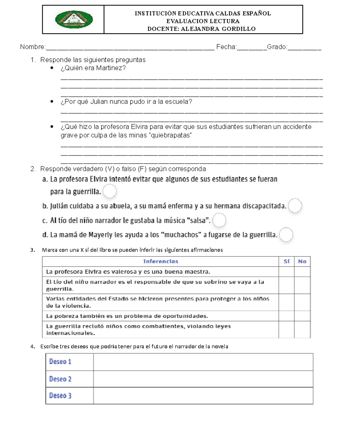 Evaluaciones lectura 1 periodo - INSTITUCIÓN EDUCATIVA CALDAS ESPAÑOL ...