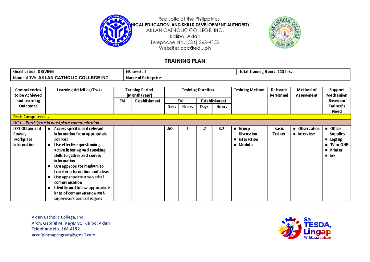 Training plan Driving NCII - TECHNICAL EDUCATION AND SKILLS DEVELOPMENT ...