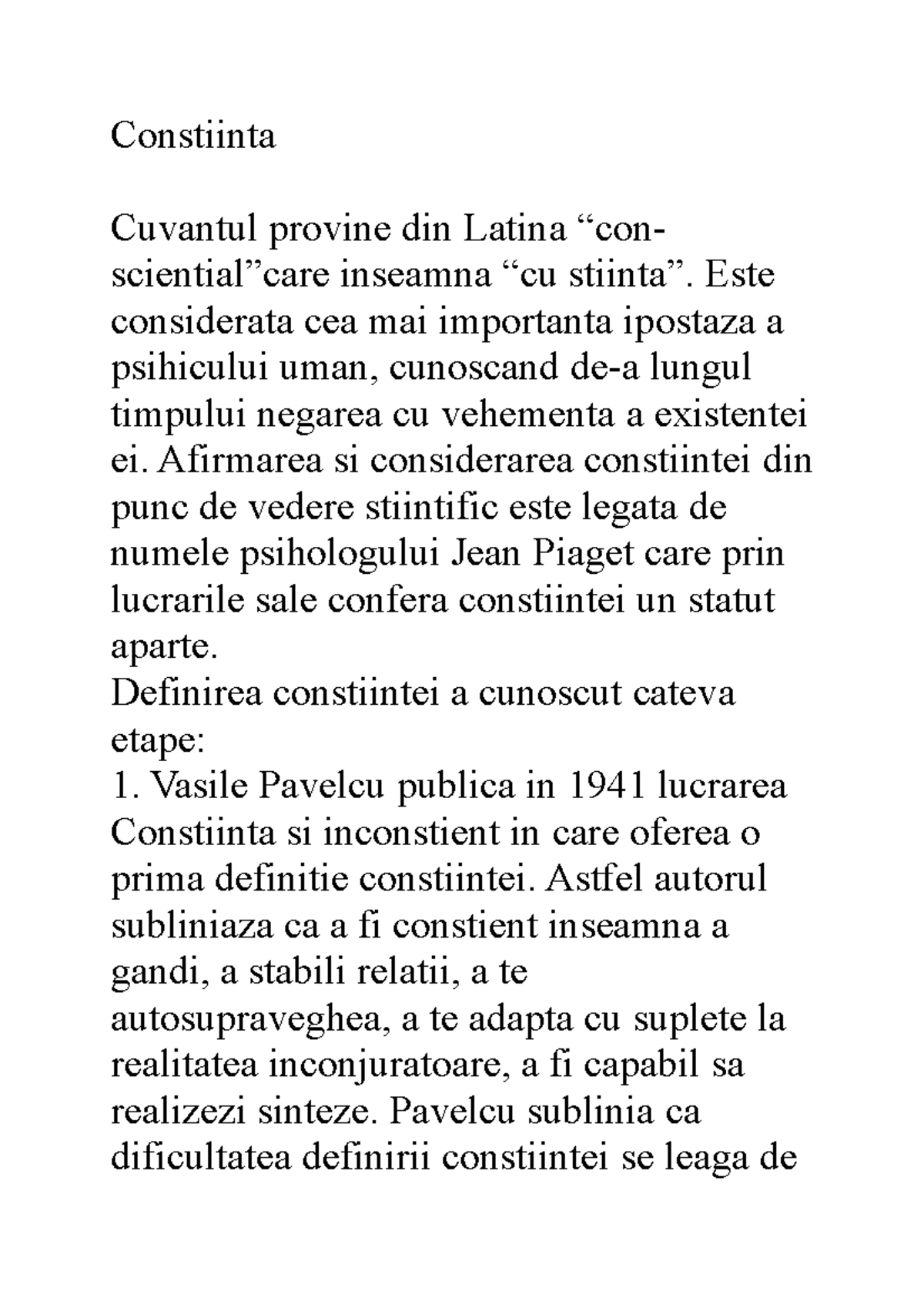 Constiinta - Lecture notes 1 - Constiinta Cuvantul provine din Latina ...