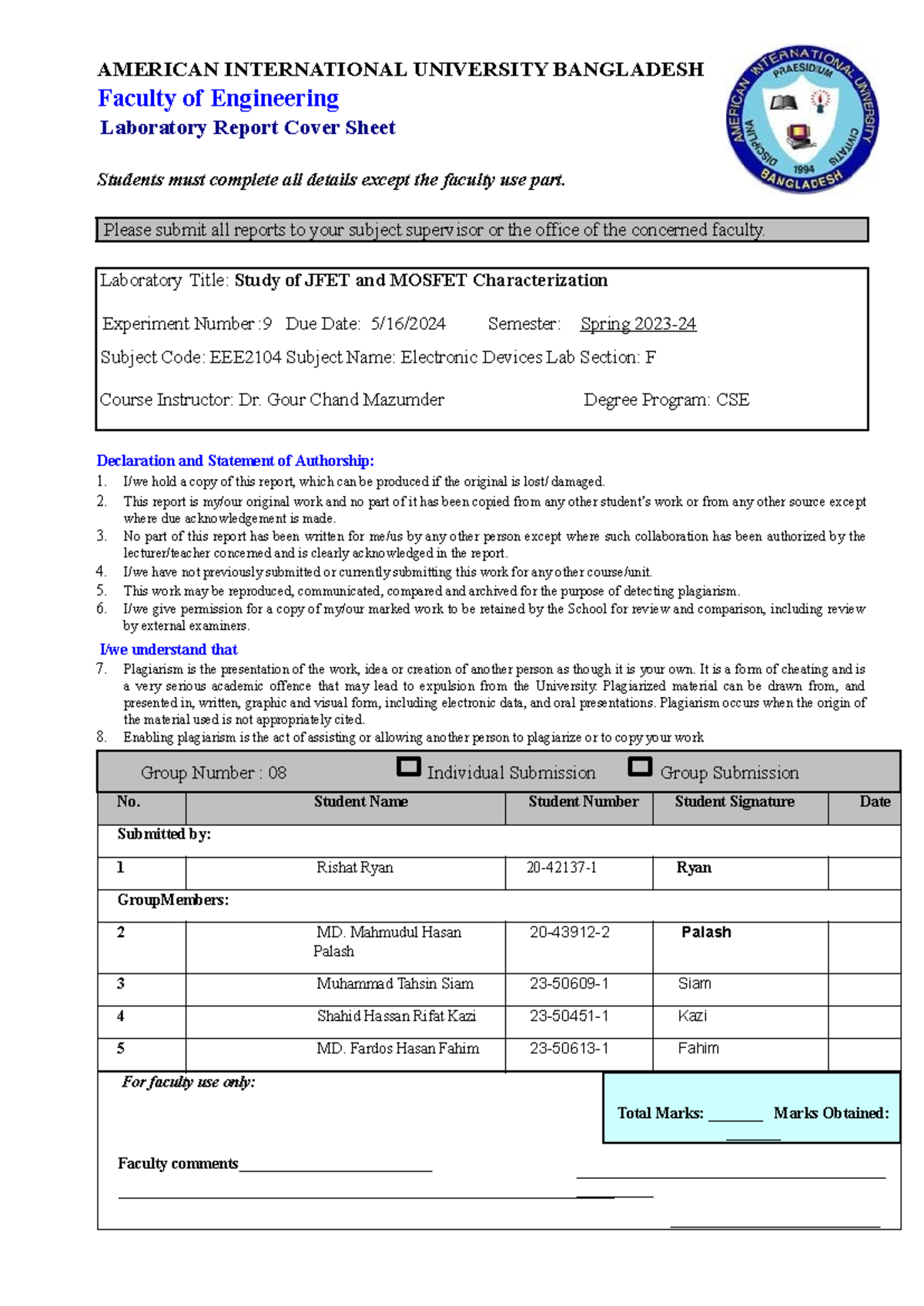 AIUB Lab Cover Sheet - N/A.. - AMERICAN INTERNATIONAL UNIVERSITY ...