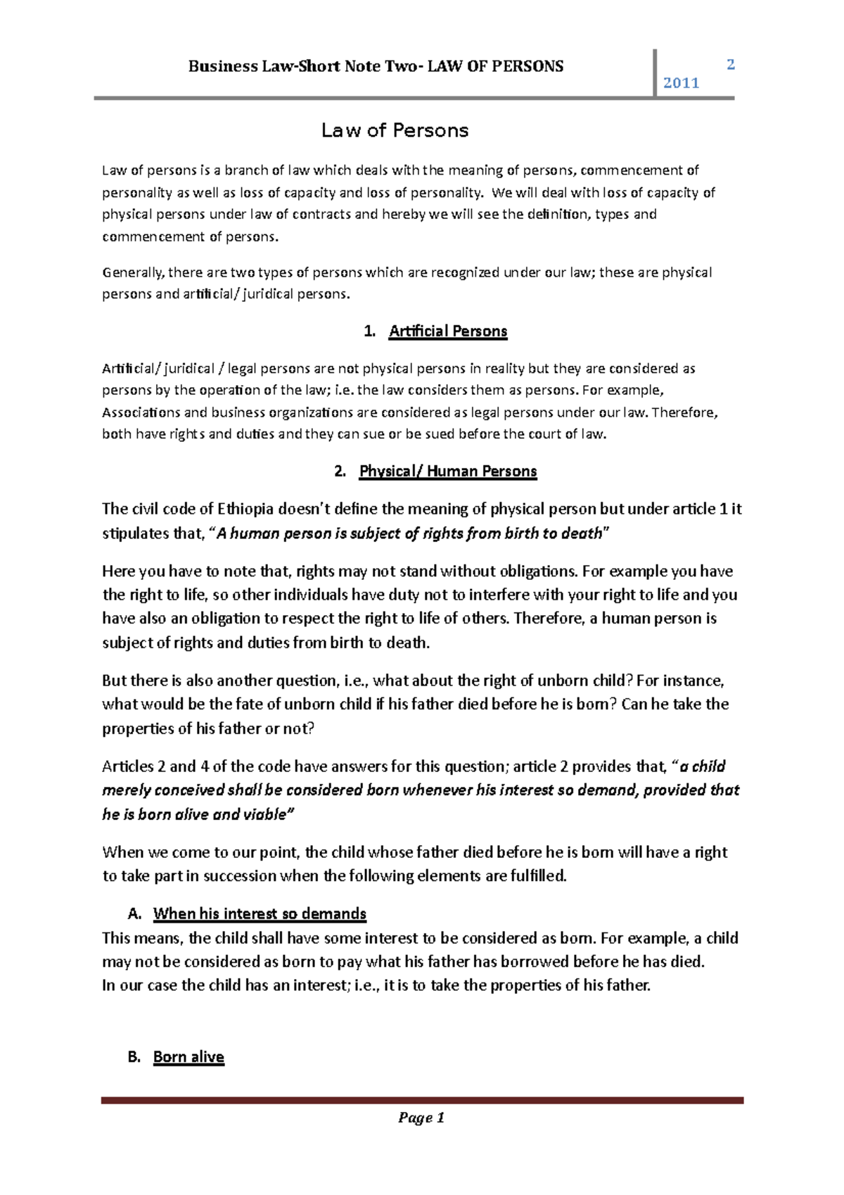 Business law hand out two - Copy - Business Law-Short Note Two- LAW OF ...