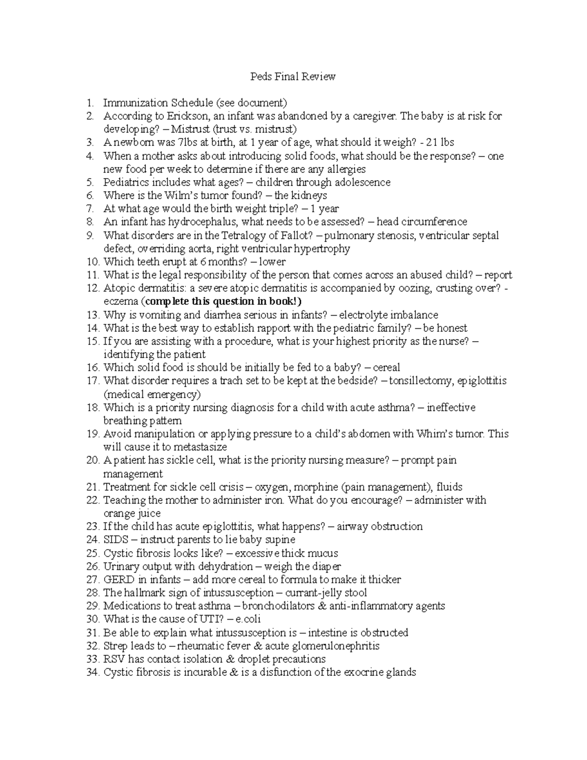 Peds Final Review - study guide - Peds Final Review Immunization ...