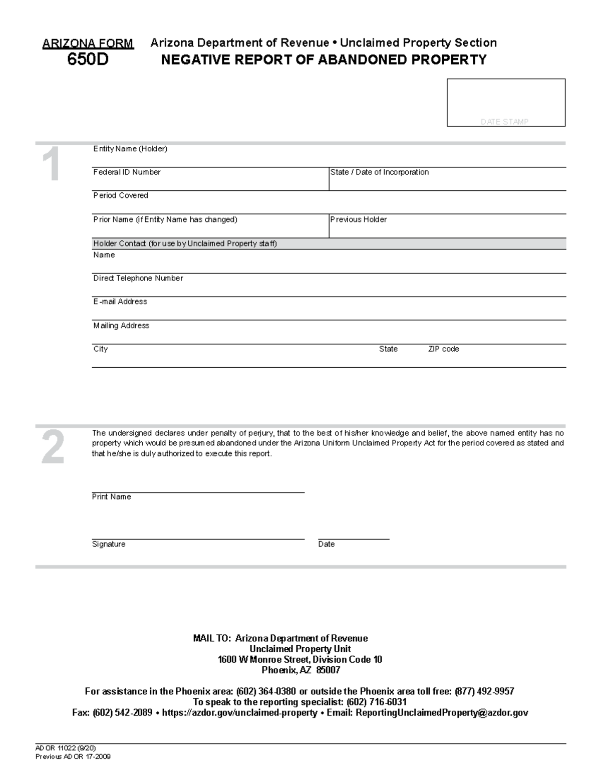Negative Abandoned Property Form - Arizona Department of Revenue ï ...