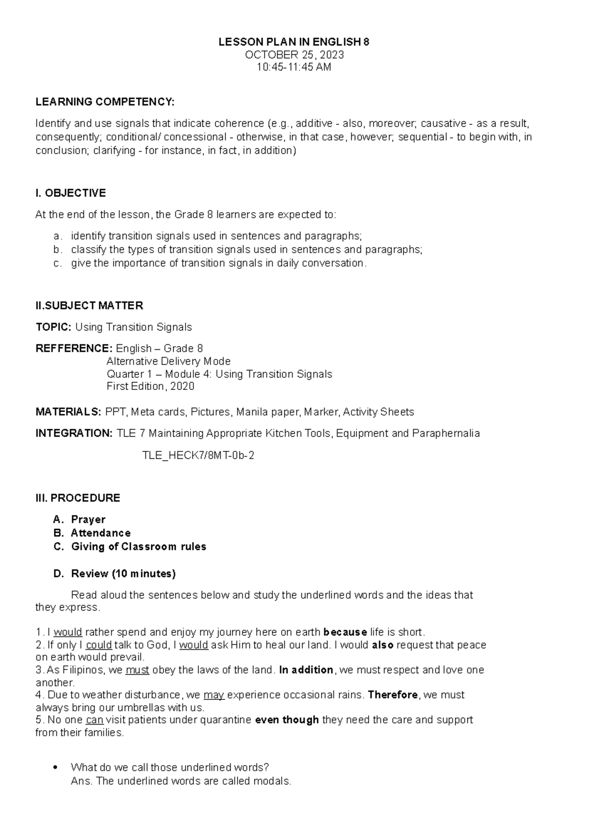 Lesson PLAN IN English 8 COT1 2023-2024 - LESSON PLAN IN ENGLISH 8 ...