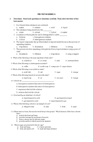 PRE-TEST Mathematics 6 - PRE-TEST IN MATHEMATICS 6 Name