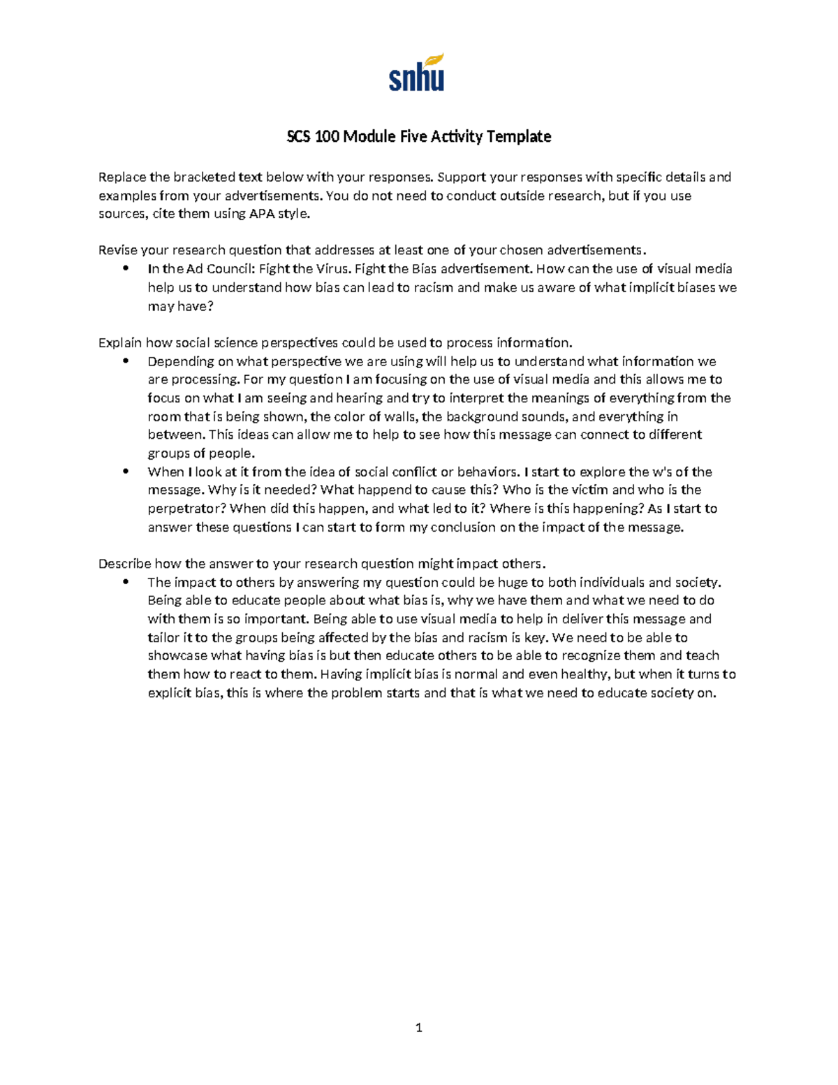 Social Sciences Assignment 5 - SCS 100 Module Five Activity Template Replace the bracketed text ...