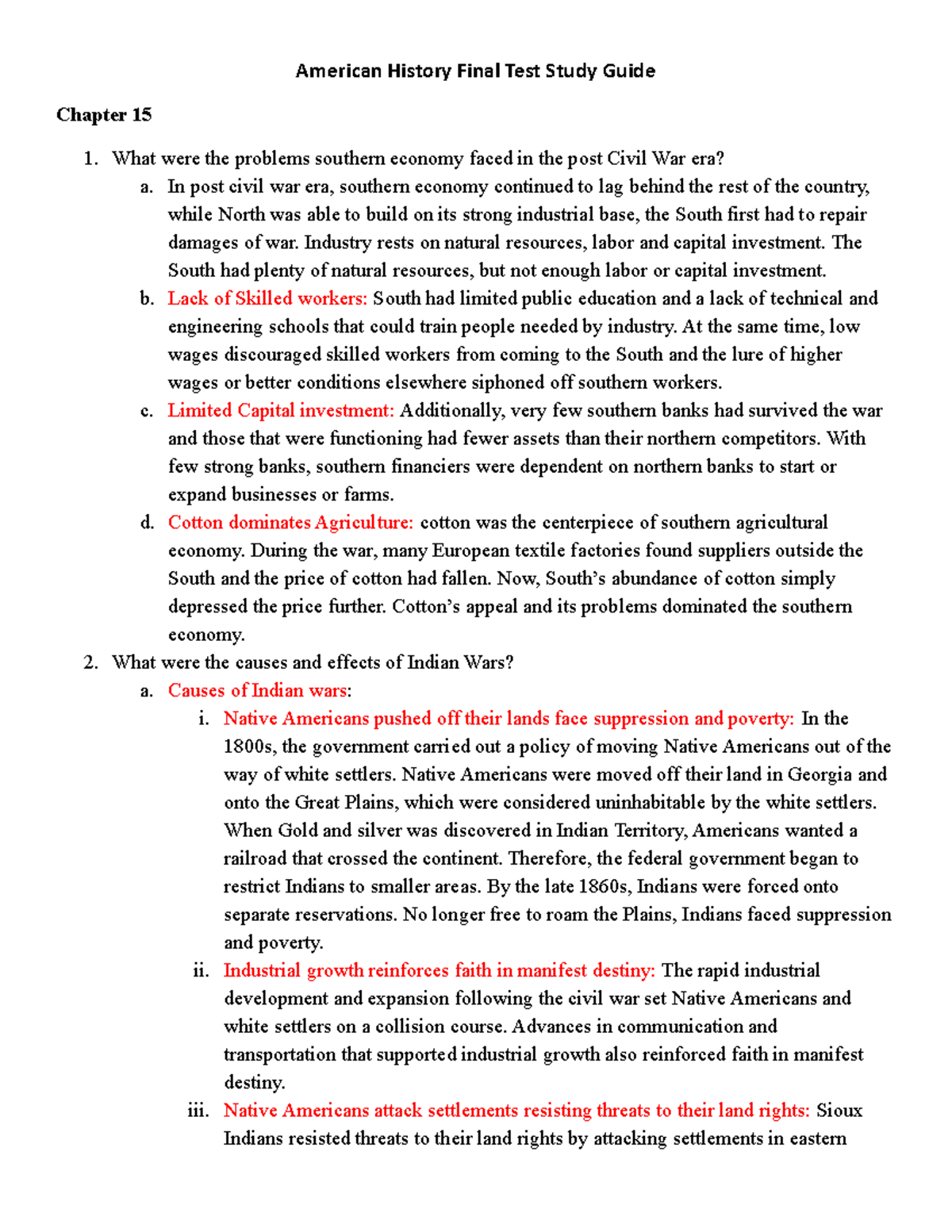 History Final Study Guide chapter 15 - American History Final Test ...